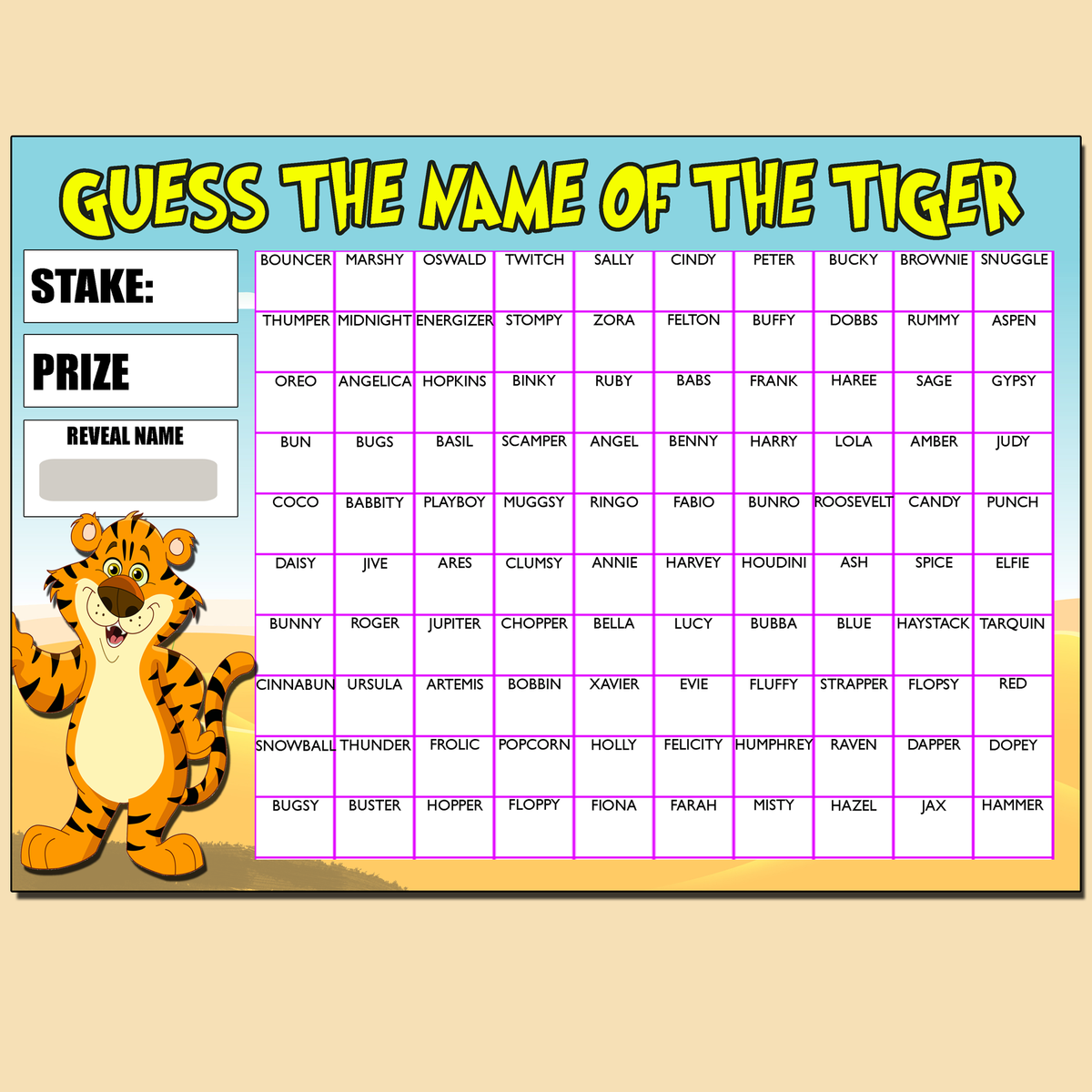 Fundraising Scratch card Game Guess the Tigers Name Fete Fayre A4 ...