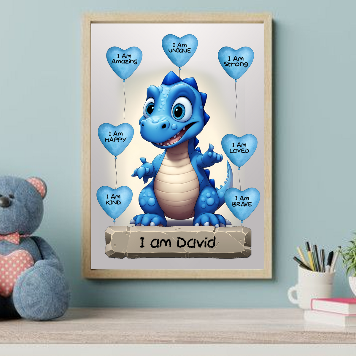 Positive Affirmation Personalised I Am Amazing Blue Dinosaur Prints ...