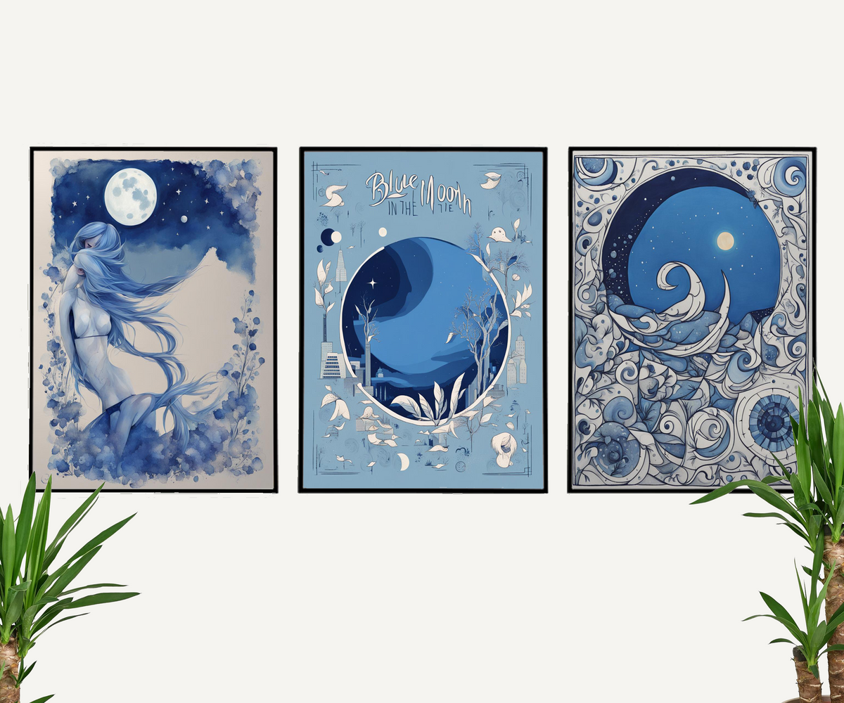 3 Prints Azure Lunar Dreams: Abstract Blue Moon Wall Art Print – Limit ...