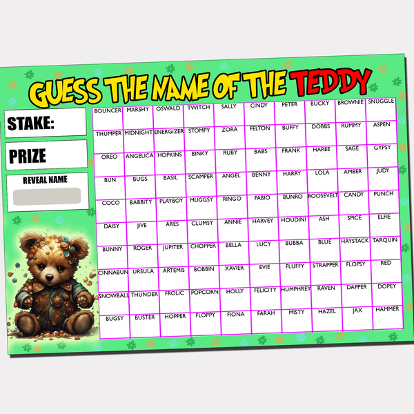 A4 GUESS THE NAME OF TEDDY SCRATCHCARD FAIR GAME 100 EASTER SPRING TED ...