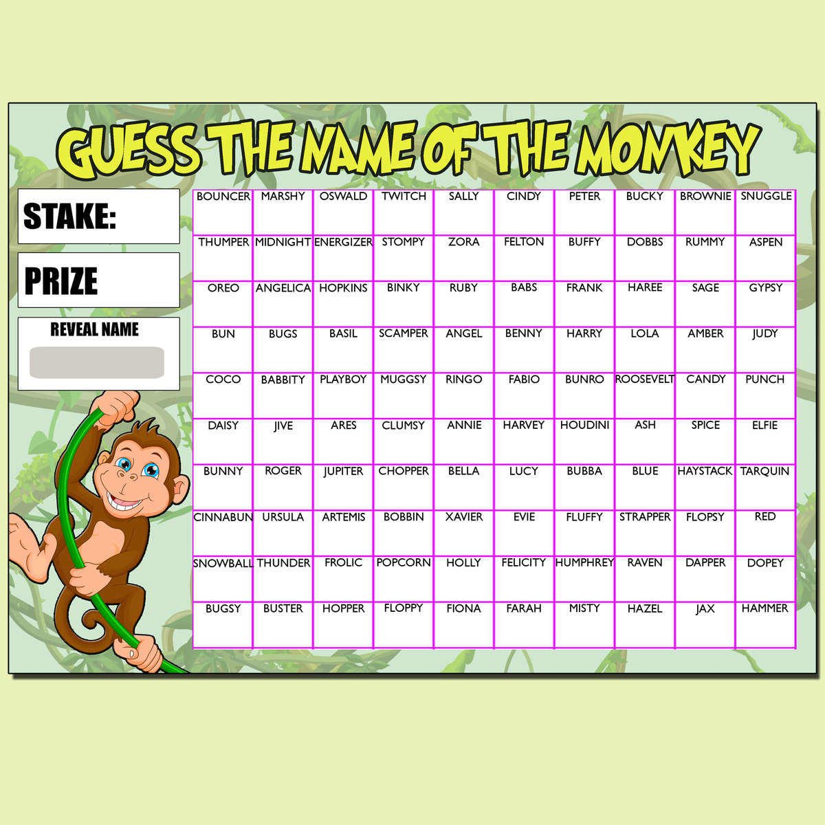 Fundraising Scratch card Game Guess the Monkeys Name Fete Fayre A4 ...
