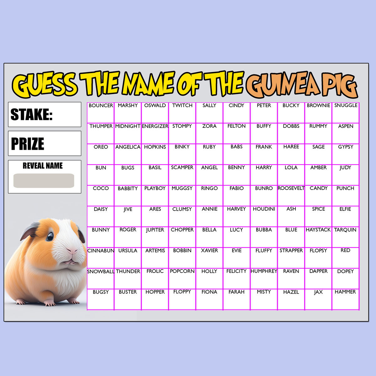 Fundraising Scratch card Game Guess the Guinea Pigs Name Fete Fayre A4 ...
